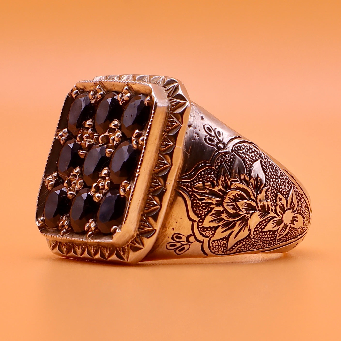 Handmade Iranian Art (Qalamzani) Engraved Persian Ring | 9 Blue Sapphi